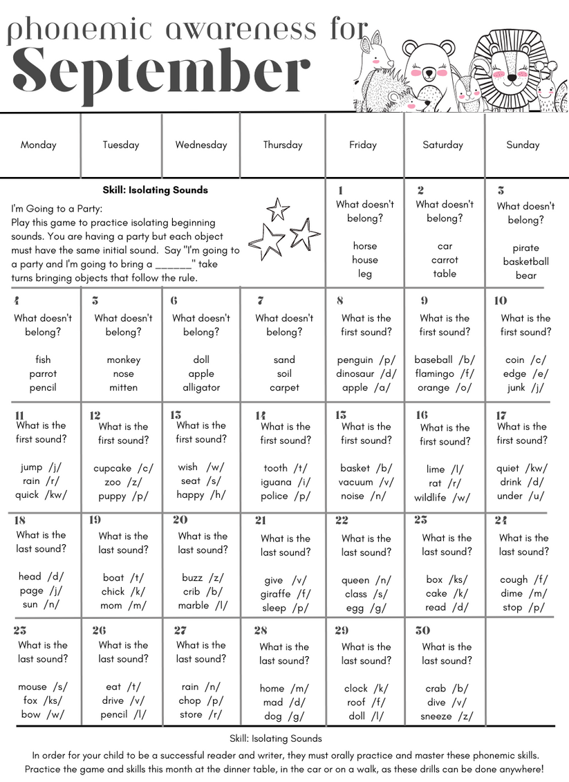 2023-2024 Phonemic Awareness Calendar – Literacy and Lindsay